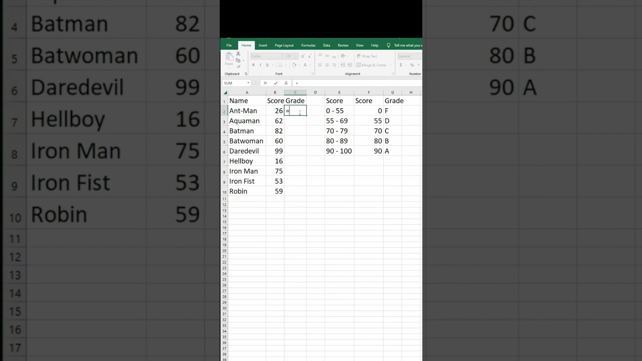 How to assign letter grades in Excel using Vlookup #shorts