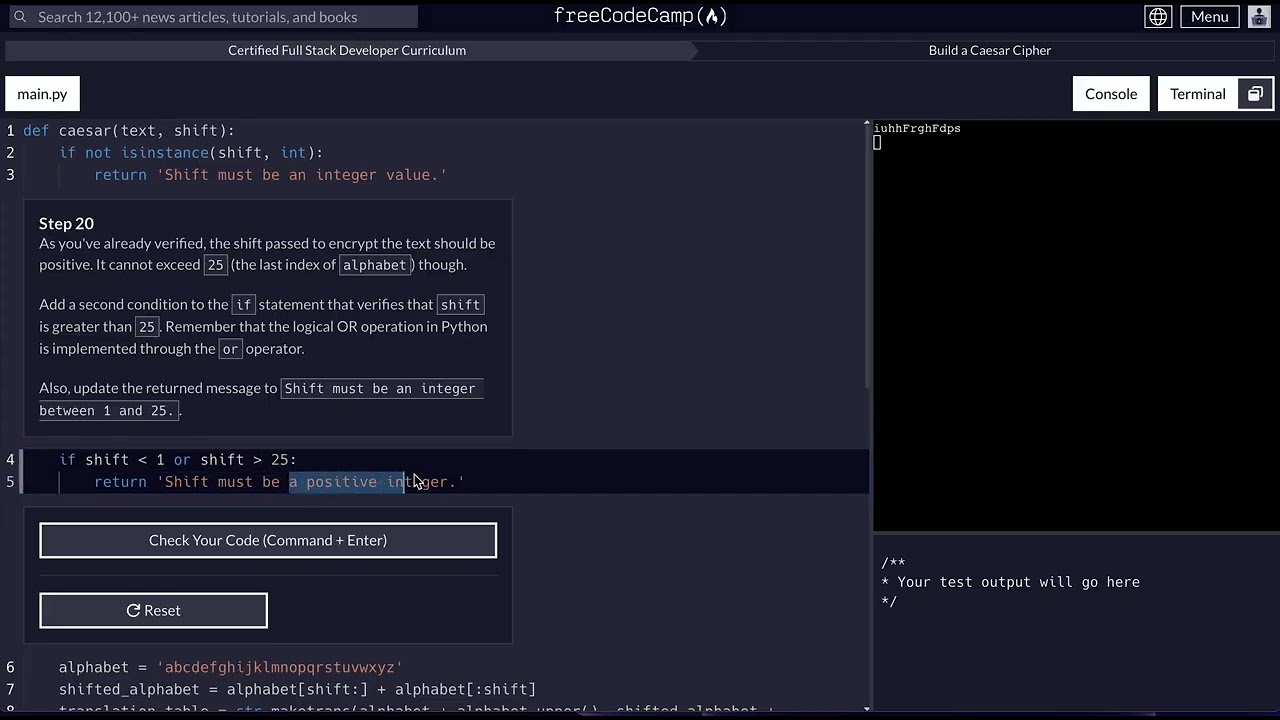 FreeCodeCamp - Python Project - Step 20 of 25 - Caesar Cipher