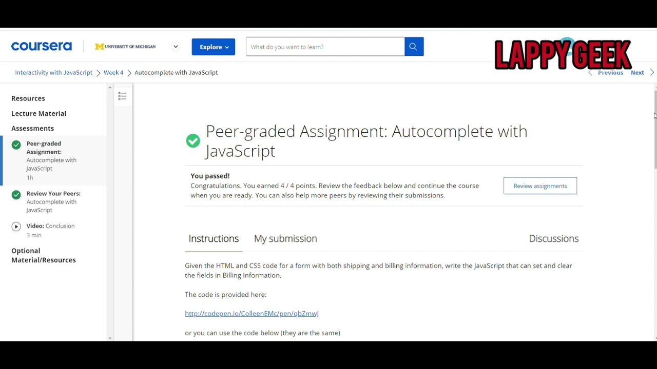 Coursera: Interactivity with javascript  week 4 Assignment