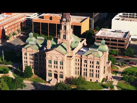 Iconic Tarrant County Court courthouse in Fort Worth from an aerial point of view, showcasing