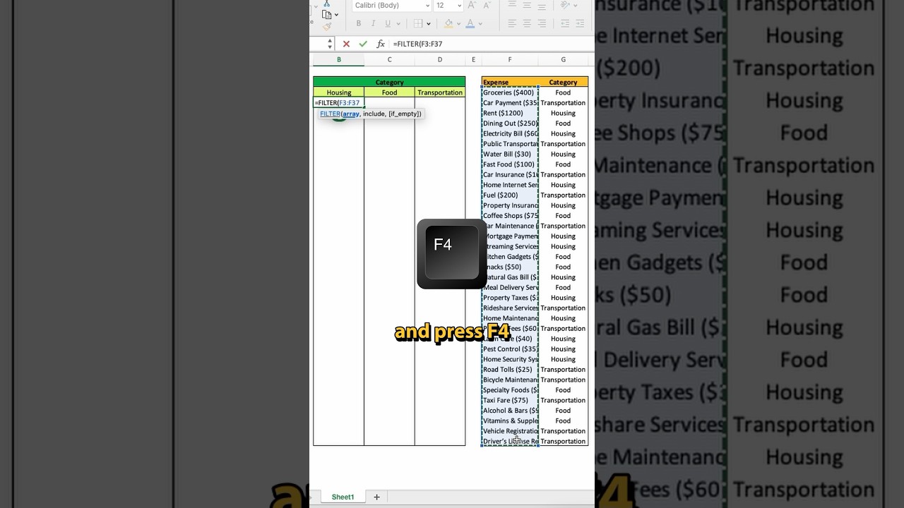 Categorize expenses using excel FILTER
