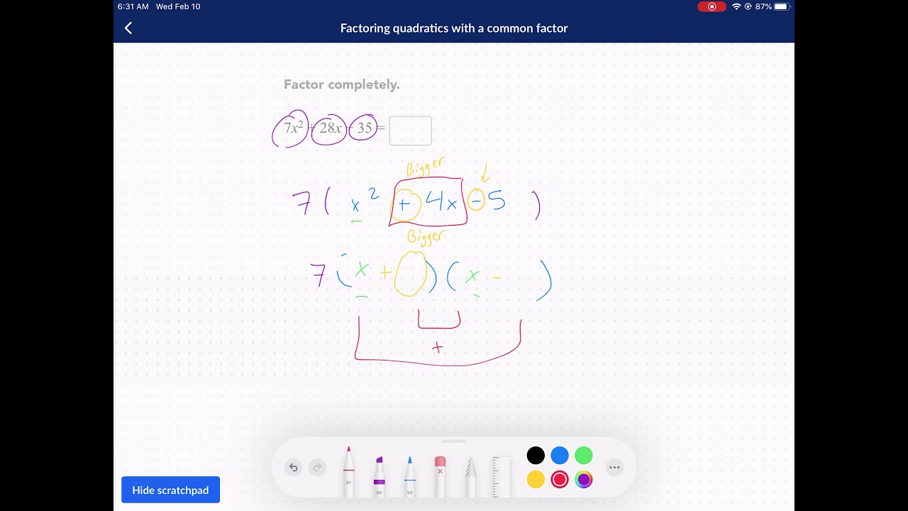 Khan Academy Tutorial: factoring quadratics with a common factor