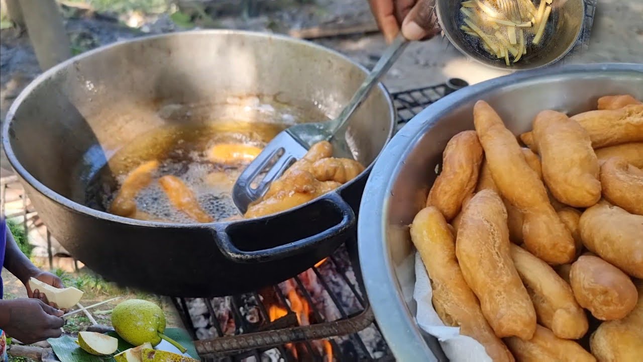 Breadfruit chips & festival - guava leaf tea for breakfast