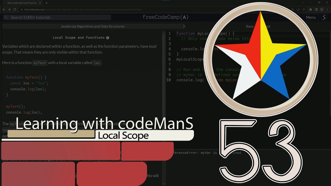 JavaScript Basic 53: Local Scope and Functions | FreeCodeCamp | Algos & Data