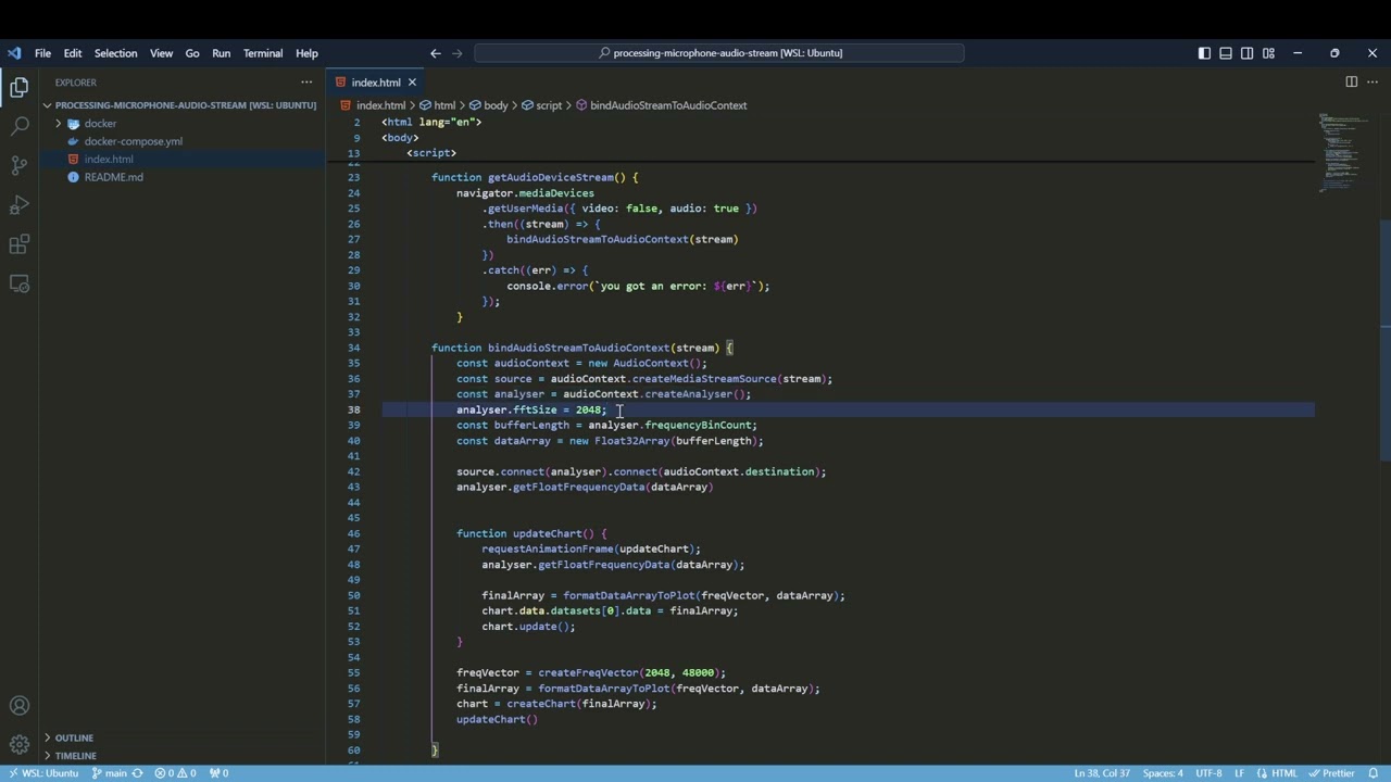Accessing the microphone audio stream with the Web Audio API and showing the frequency data