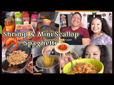 COOKING SHRIMP SCALLOP SPAGHETTI 🍝 WITH CHEF CINDY & SOUS CHEF LINGUINE 😉