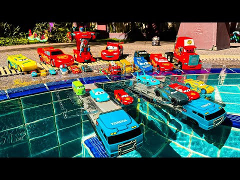 Disney Pixar Cars falling into deep pool, Lightning McQueen, Tow Mater, Mack, Sally, Francesco