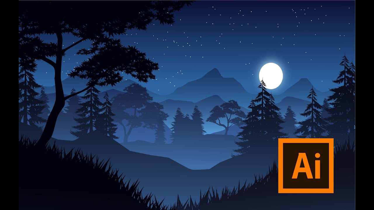 Vector night landscape drawing on Adobe Illustrator