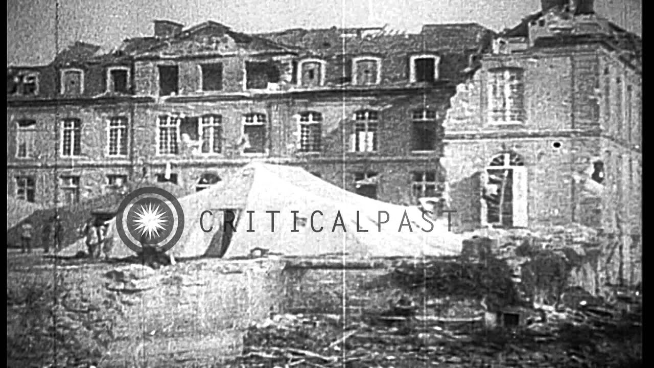 German field hospital in courtyard of destroyed Chateau de Pinon during World War...HD Stock Footage