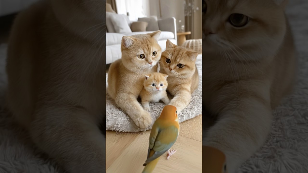 Cat Family Meets a Parrot… And the Kitten Can’t Stop Staring