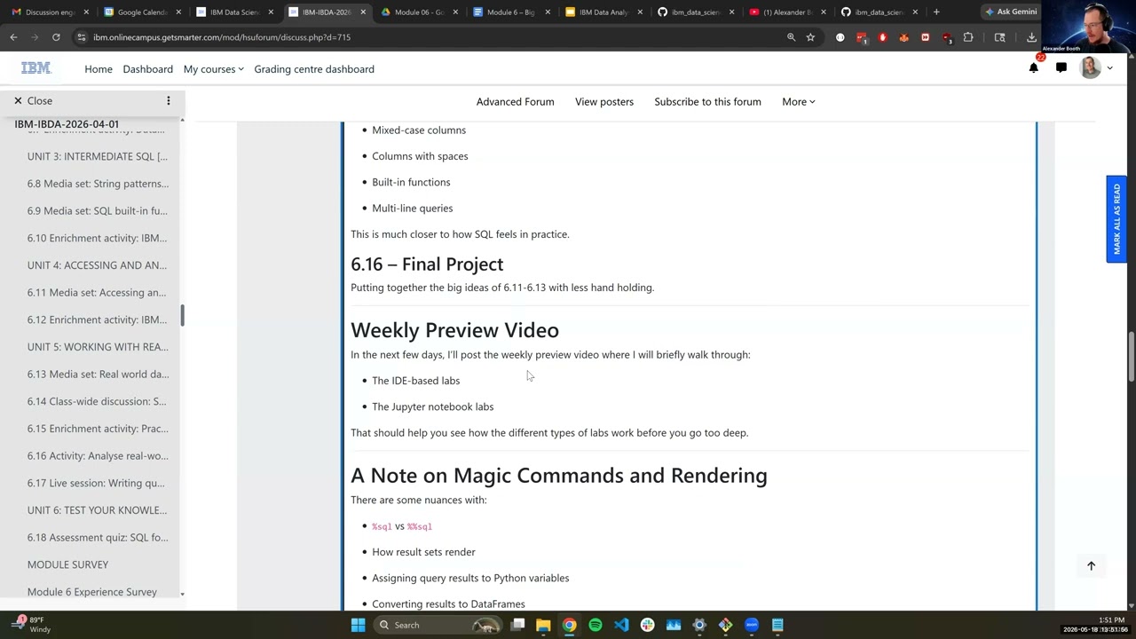 IBM IBDA 2026-04-01 | Week 6 Live Session | SQL, Databases & Data Analytics with Python