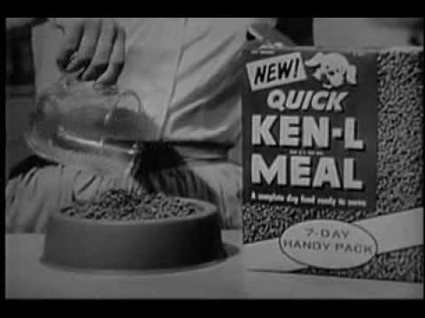 VINTAGE 1958 "QUICK" KEN L RATION MEAL AD - ADORABLE DOGS BEING FOOLED BY A "HAMBURGER LIKE" PRODUCT
