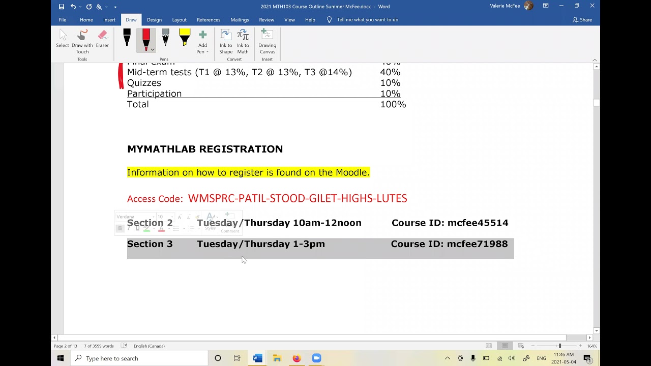 MTH 103 Course Outline Summer 2021