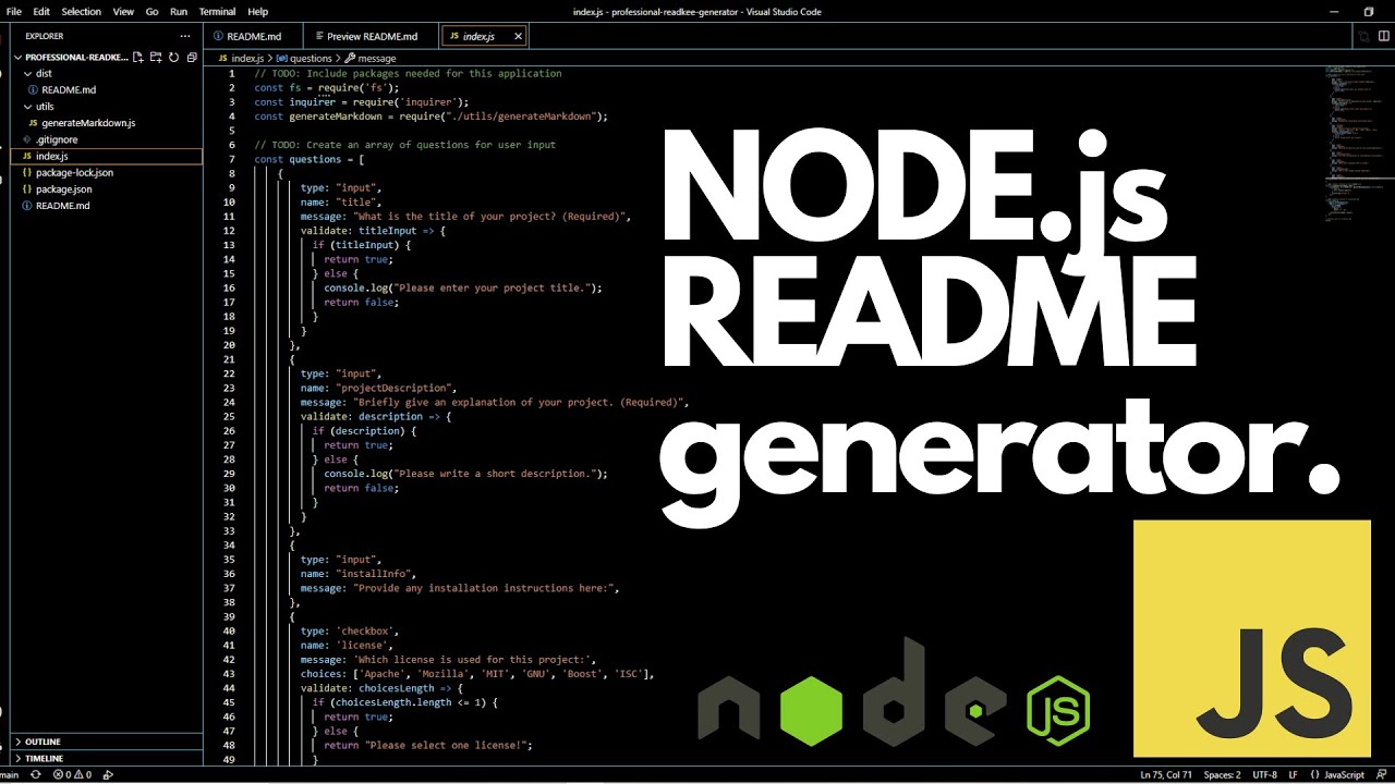 README Generator App with NODE.js Inquirer JavaScript