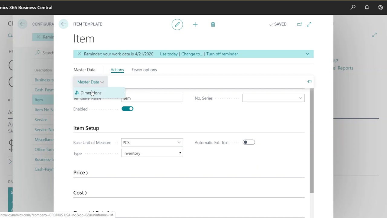 Configuration Template Business Central