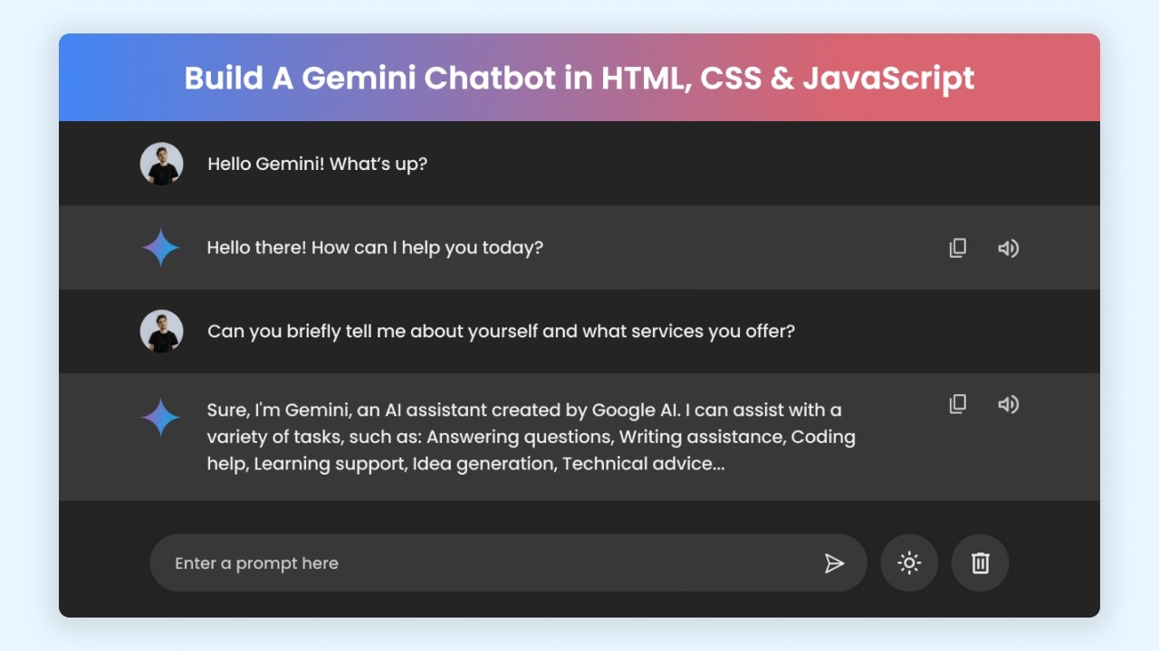 Build A Google Gemini Chatbot in HTML CSS & JavaScript | Chatbot Like ChatGPT and Gemini