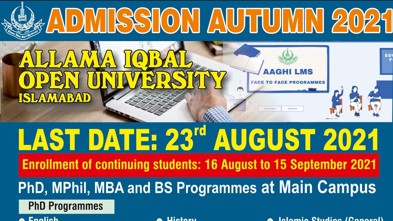 Allama Iqbal Open University Admissions 2021 Autumn Semester August - AIOU Admissions 2021