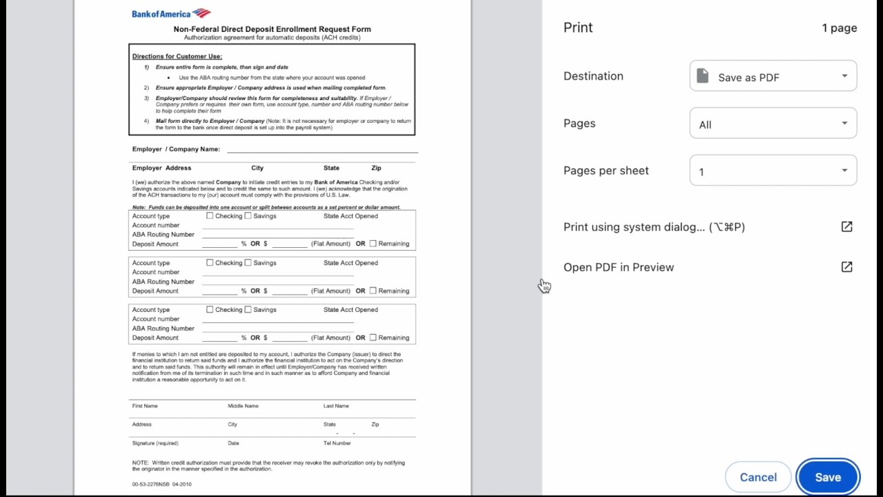 How to print Bank of America Direct Deposit Form