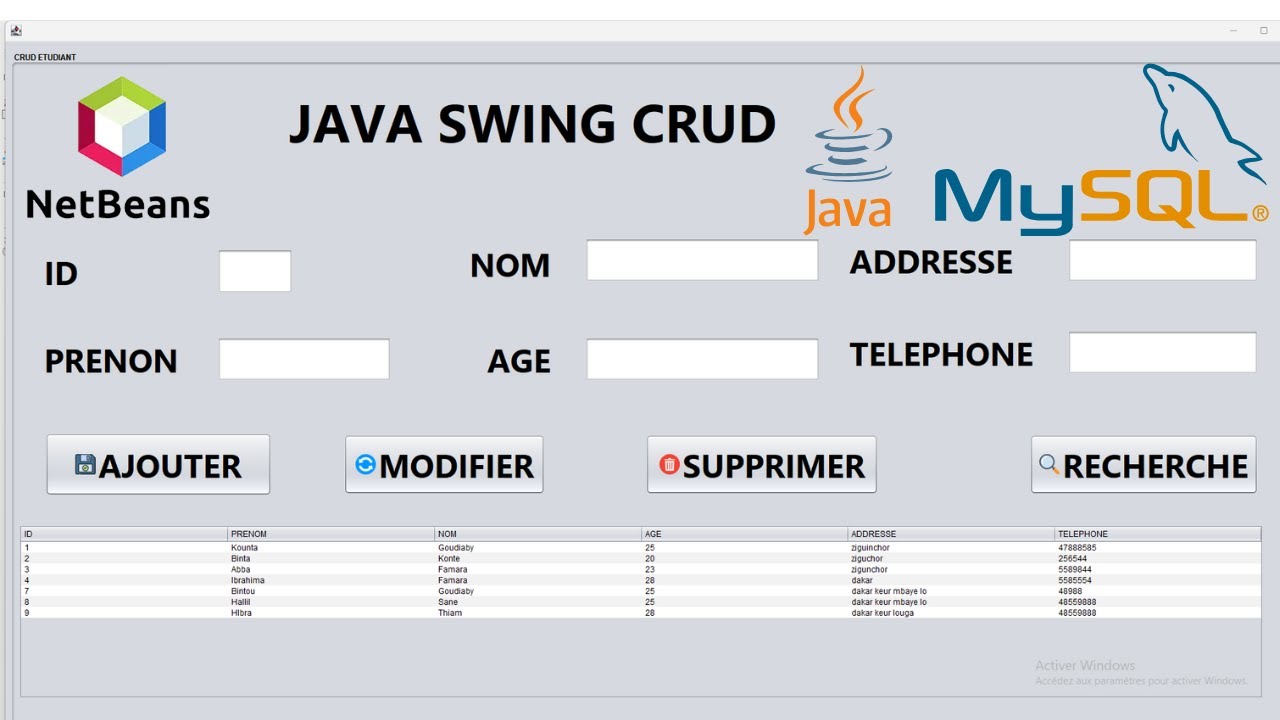 Tutoriel Java: CRUD java swing NetBeans MySQL