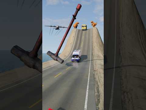 School Bus & Cargo Van vs Giant Rotating Hammer - BeamNG.Drive #shorts #beamngdrive