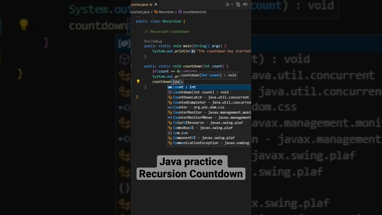 Beginner Java recursion countdown #java #javaprogramming #javalearning