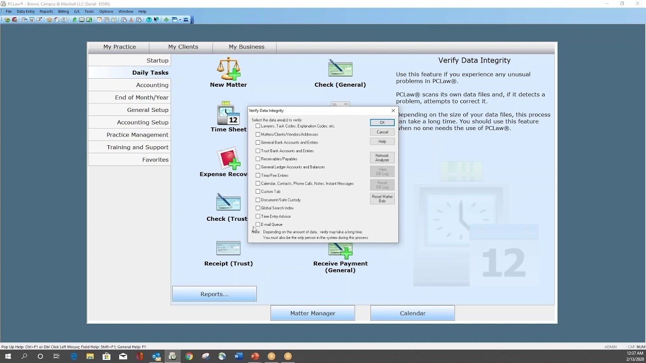 PCLaw Verify Data Integrity