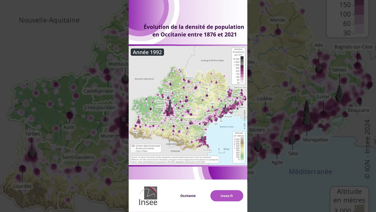 Évolution de la densité de population en Occitanie entre 1876 et 2021