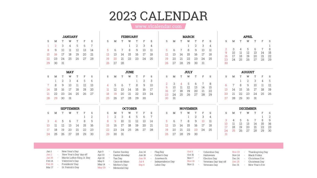 Printable Year 2023 Calendar Templates with Holidays - VL Calendar