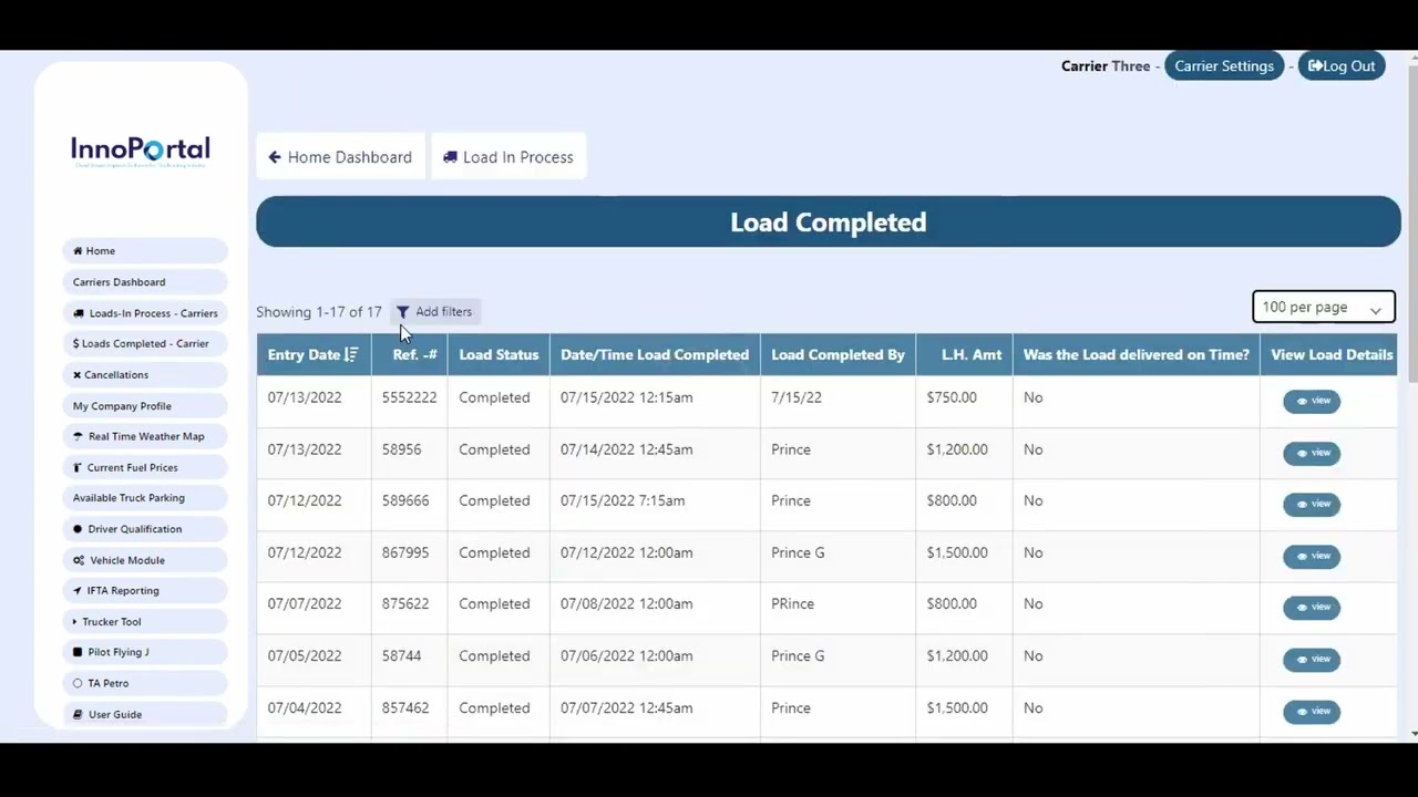 CARRIER DASHBOARD OVERVIEW-InnoPortal