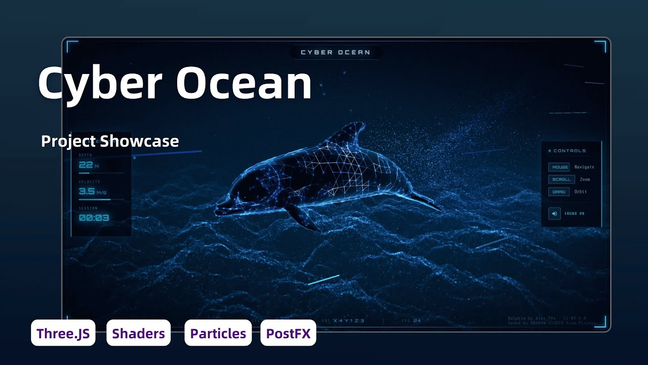 Cyber Ocean - WebGL Dolphin with MeshSurfaceSampler Plexus Effect | Three.js (Showcase #10)