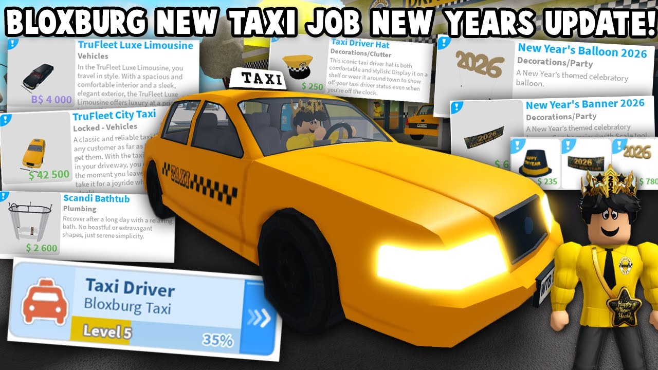 BLOXBURG NEW YEARS UPDATE! TAXI DRIVER JOB LOCATION, NEW VEHICLE SOUNDS, ITEMS, FESTIVAL AND MORE!