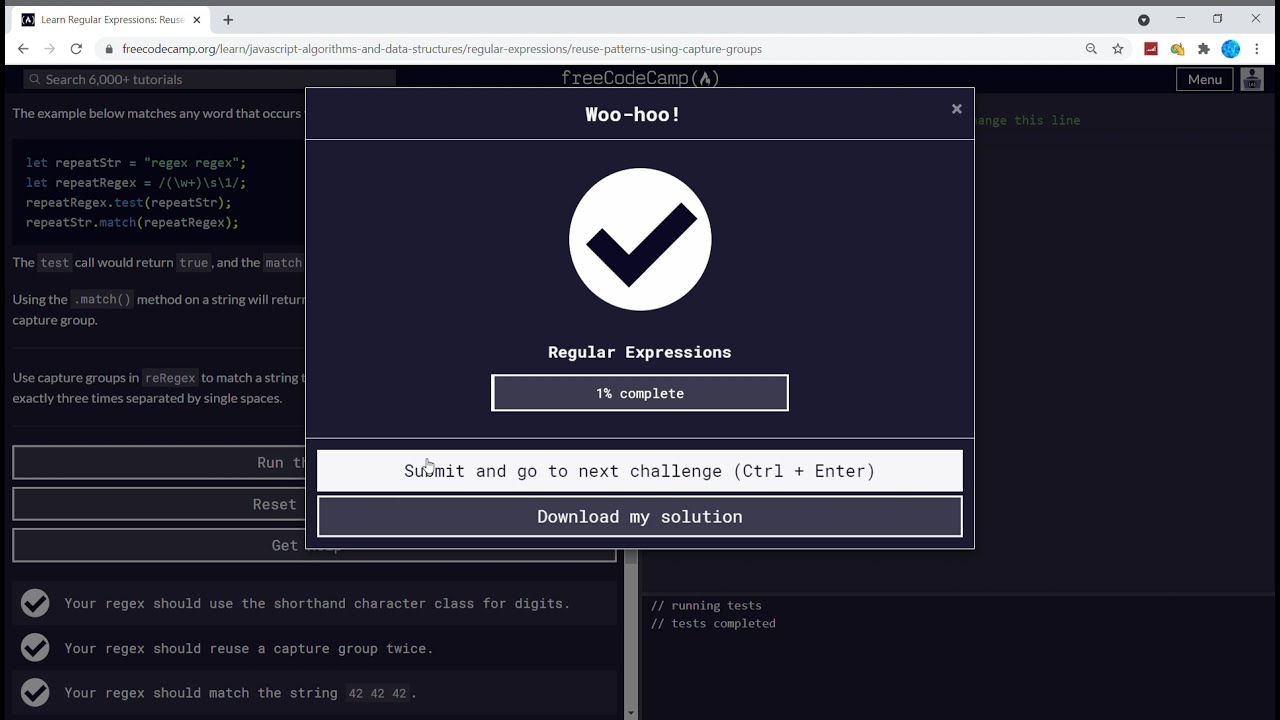 Regular Expressions (31/33) | Reuse Patterns Using Capture Groups | freeCodeCamp