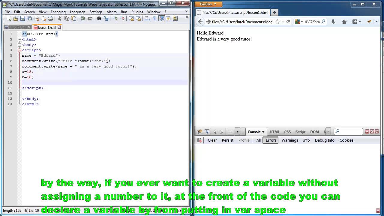 Javascript lesson 2 - variables, appending strings, adding numbers