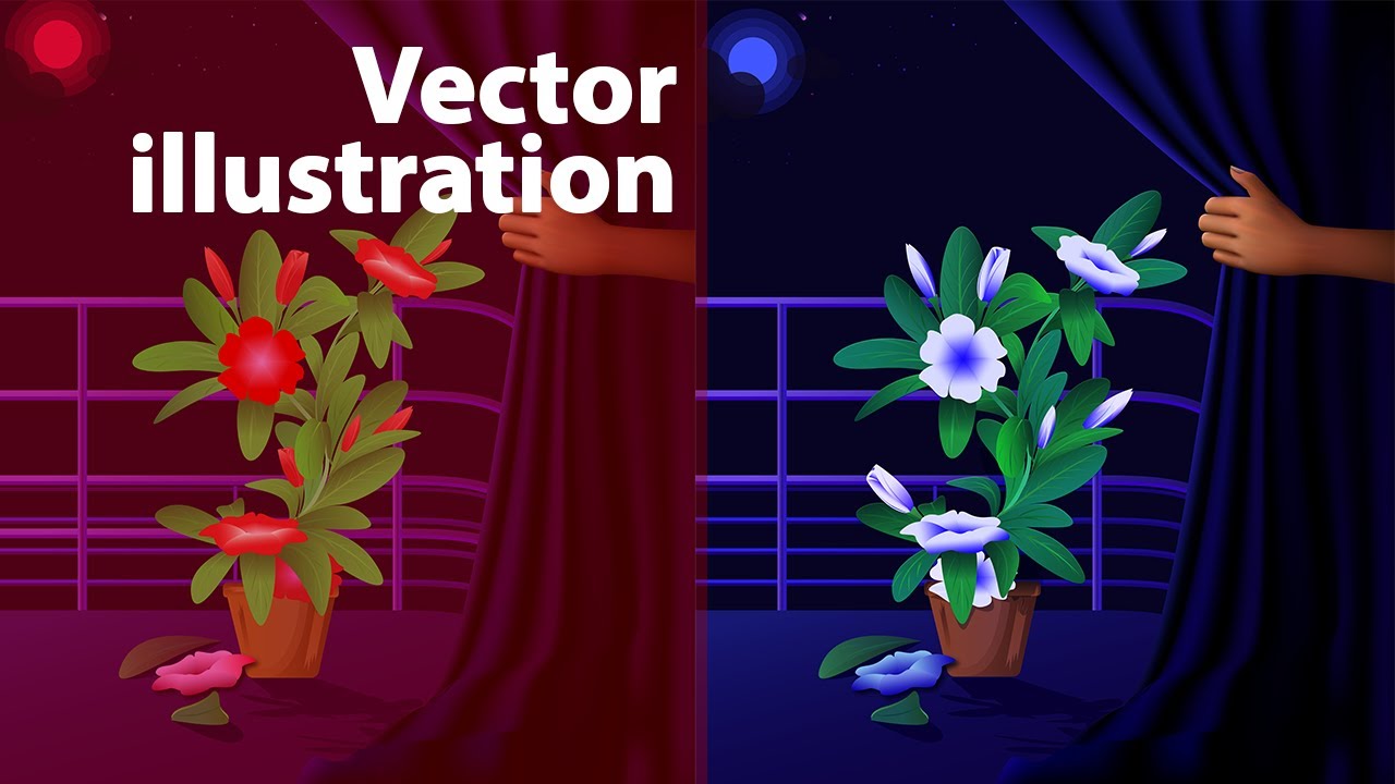 Vector illustration | Flower vector art | Balcony vector art | Night view vector art