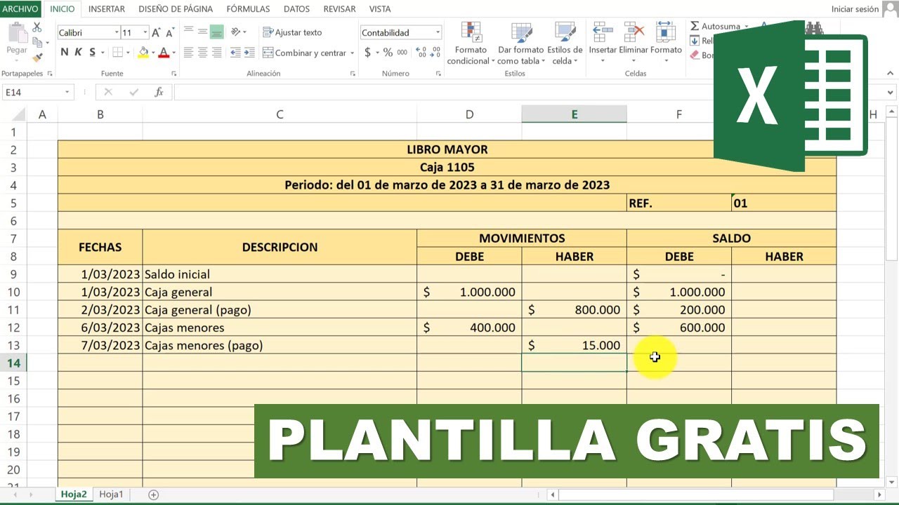 El LIBRO MAYOR 👉 estructura - ejercicio - plantilla Excel