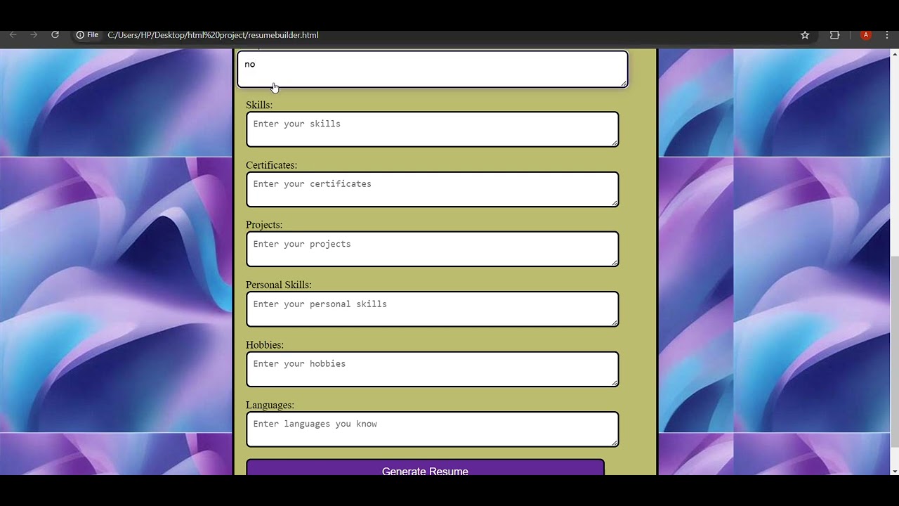 Resume builder html,css and javascript small project.