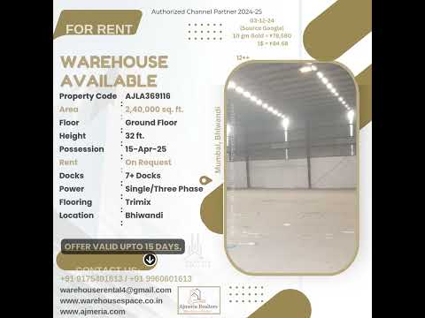 2,40,000 SQ FT WAREHOUSE PROPERTY ON RENT IN BHIWANDI FOR ELECTRONIC MACHINE MANUFACTURING UNIT