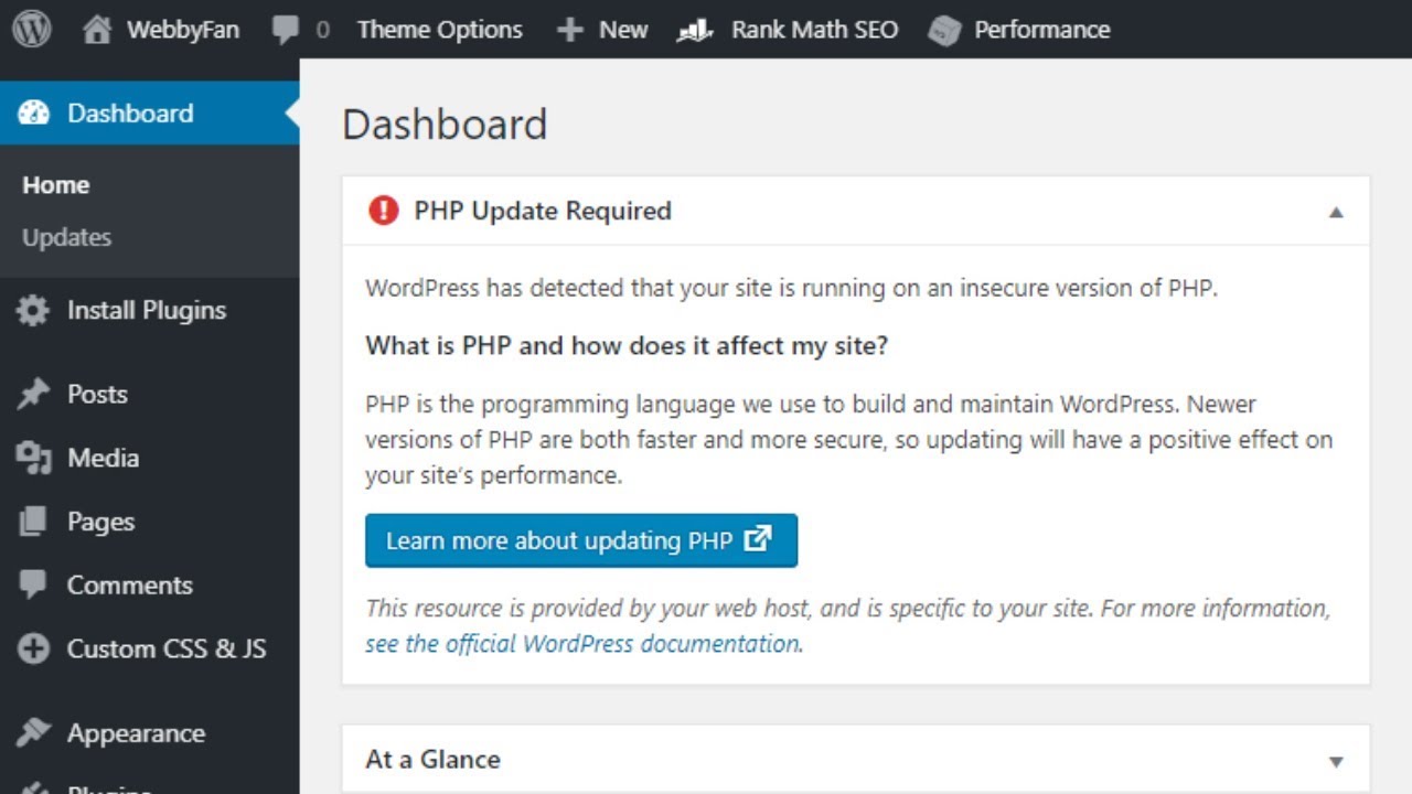 PHP Update Required / update PHP version in WordPress website