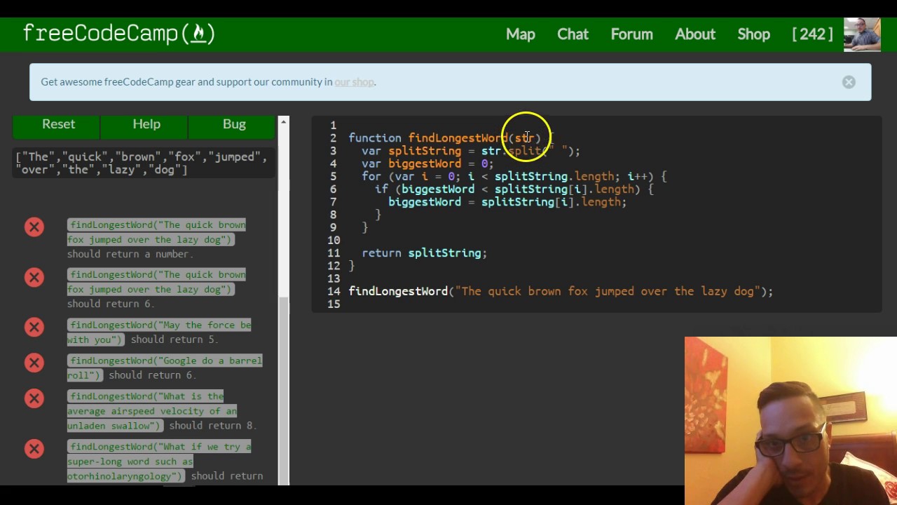 Find the Longest Word in a String, freeCodeCamp review Basic Algorithm Scripting, lesson 4