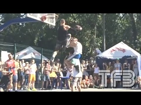 5’9” white guy dunks over guy sitting on another guy’s shoulders ...