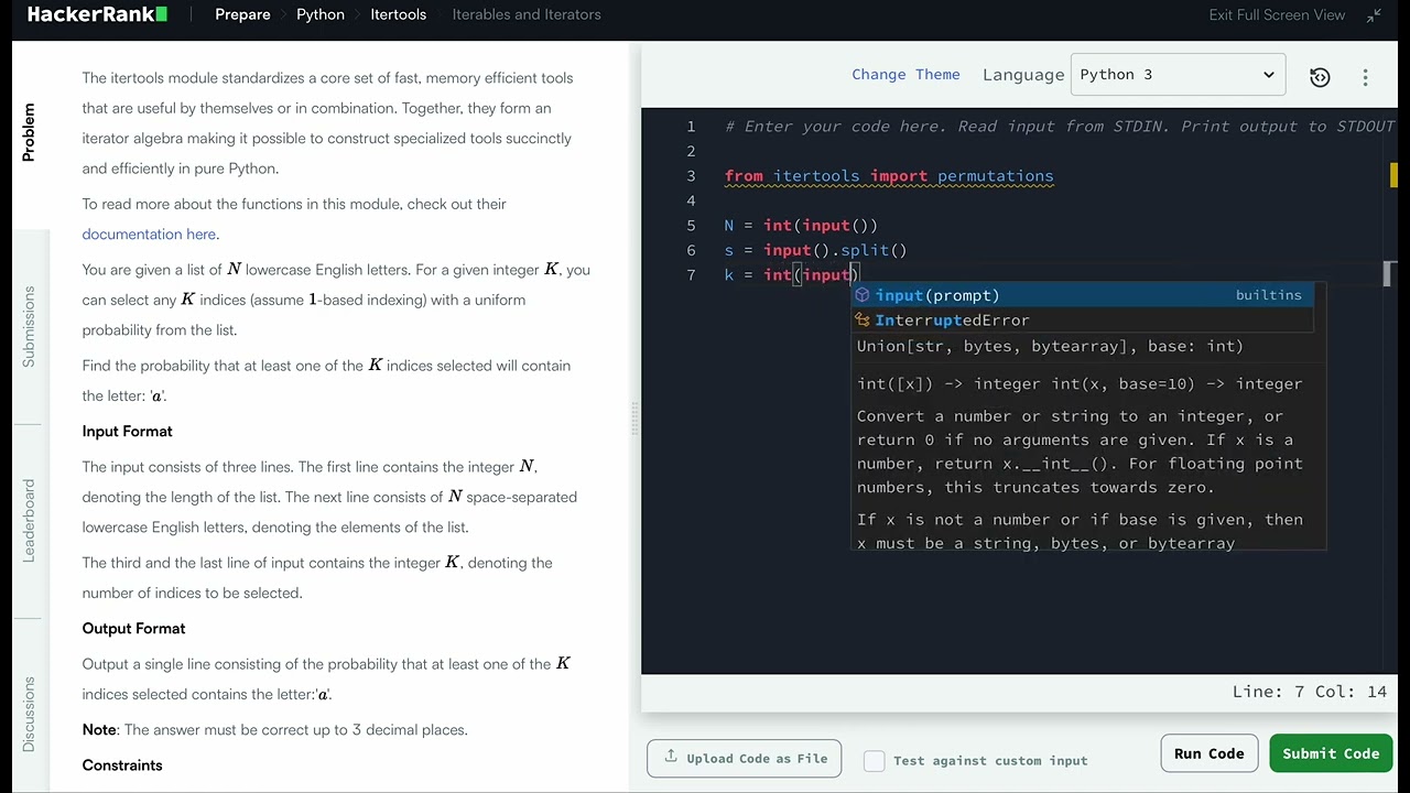 Hackerrank Python Solution #4 Itertools - Python: Iterables and Iterators