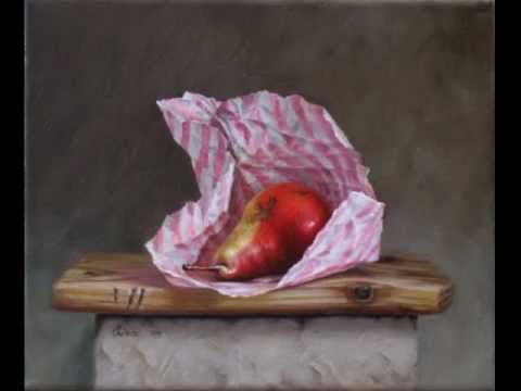 Contemporary realism fine art oil painting wrapped pear Daniel C. Chiriac