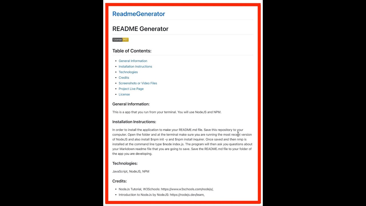 README Generator Application, JavaScript & NodeJs