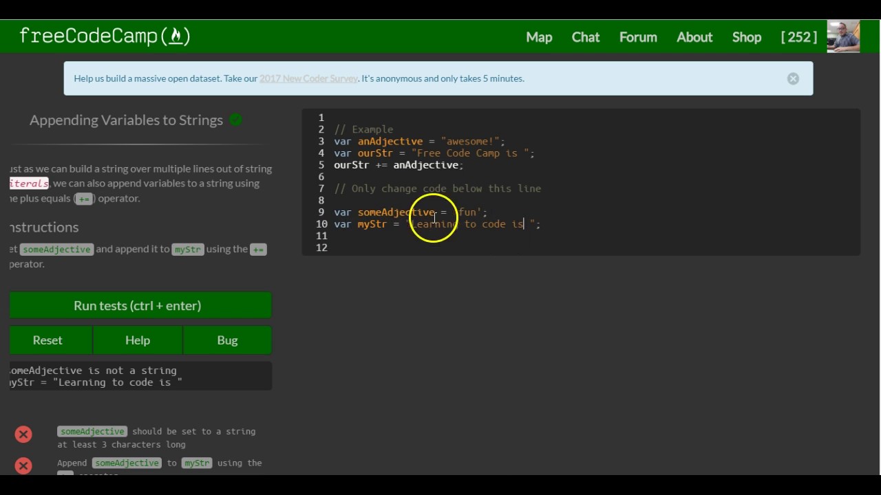 Appending Variables to Strings, freeCodeCamp Basic JavaScript