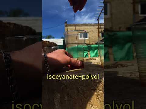 Experiment, mixing polyurethane foam components isocyanate and polyol