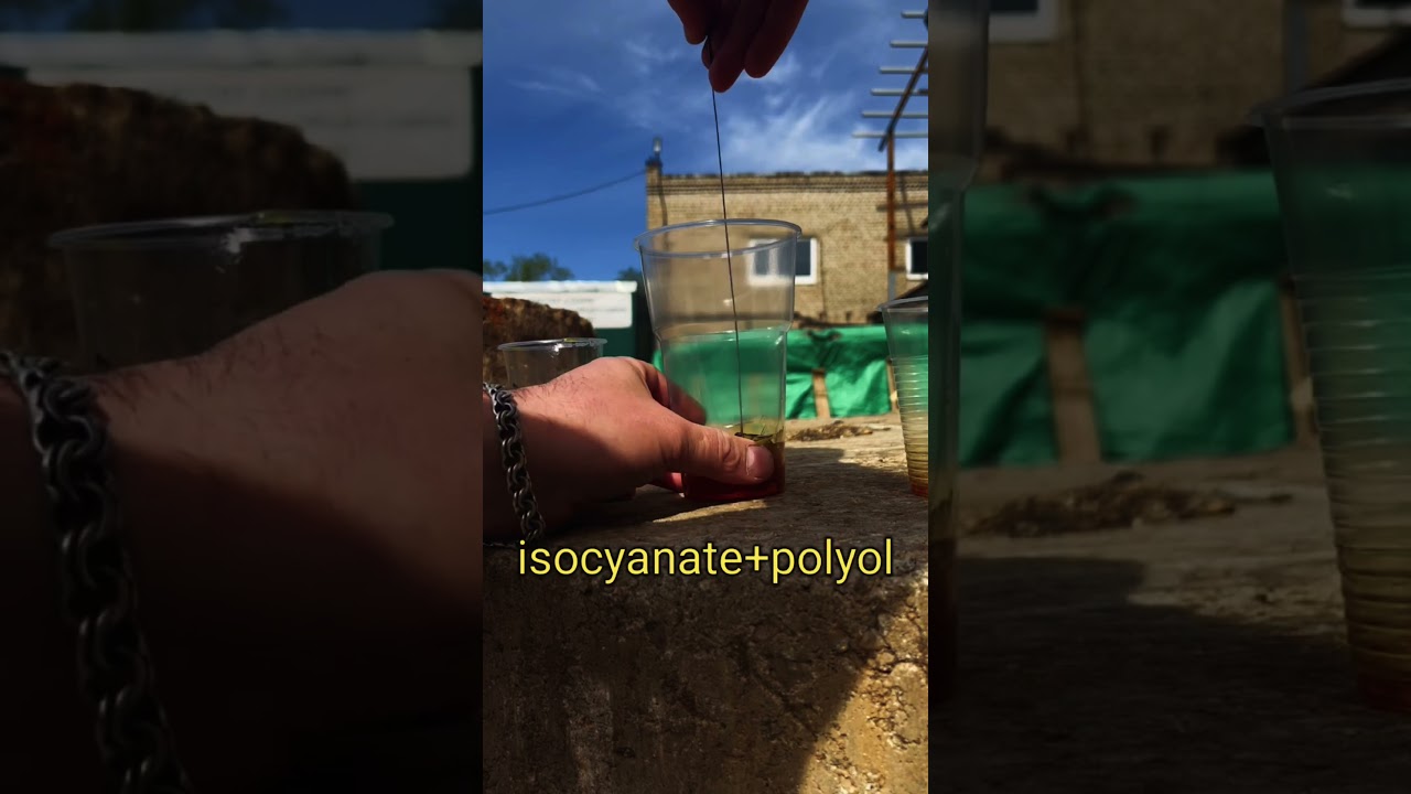 Experiment, mixing polyurethane foam components isocyanate and polyol