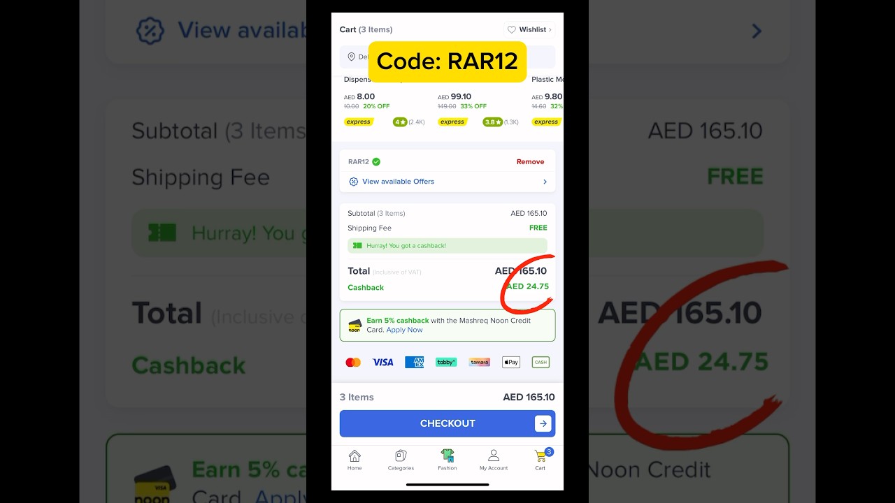 Noon/ Namshi code: RAR12- get cashback/ discount #noon #nooncoupon #noonpromocode #uae #saudiarabia