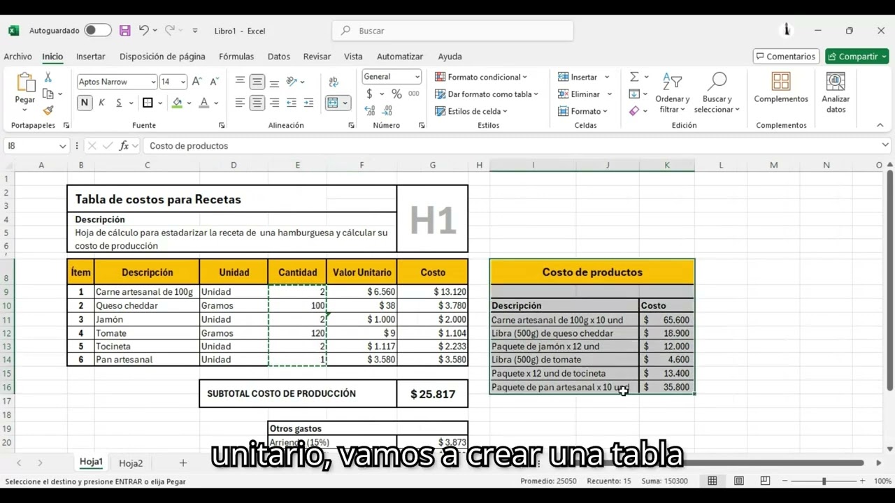 Cómo hacer una tabla de costo de producción en Excel | Tabla de recetas en Excel