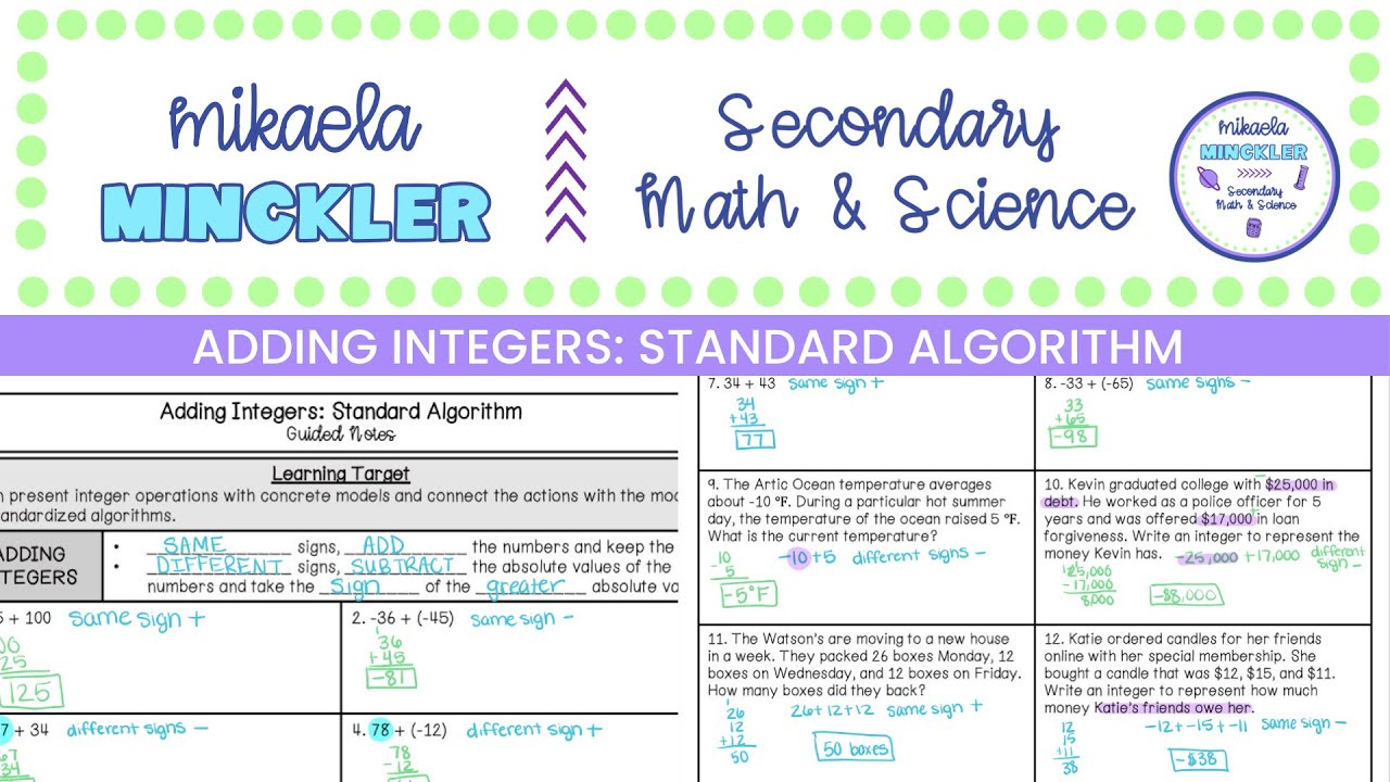 Adding Integers Standard Algorithm Guided Notes Lesson | 6th Grade Math
