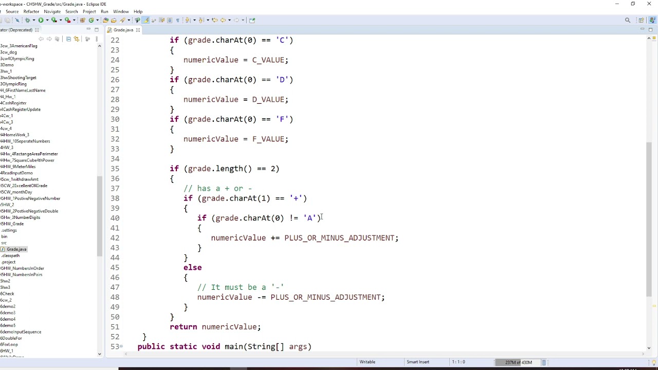 Java , ch5, read a letter grade, display a number grade, with + ,-  adjustment of 0.3 point